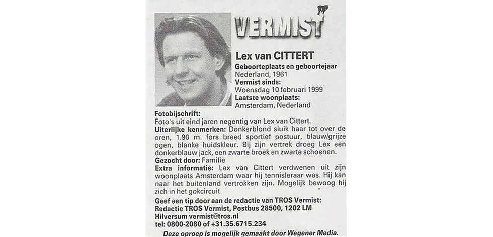 Stoffelijke resten vermiste tennisleraar Lex van Cittert na kwart eeuw ...